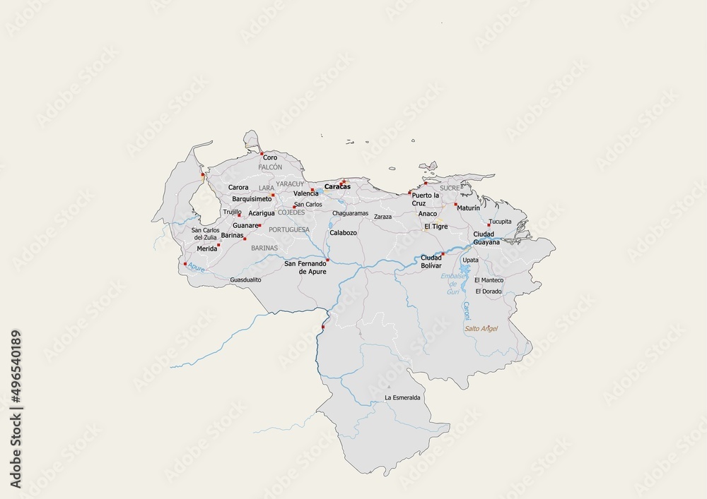 Isolated map of Venezuela with capital, national borders, important ...