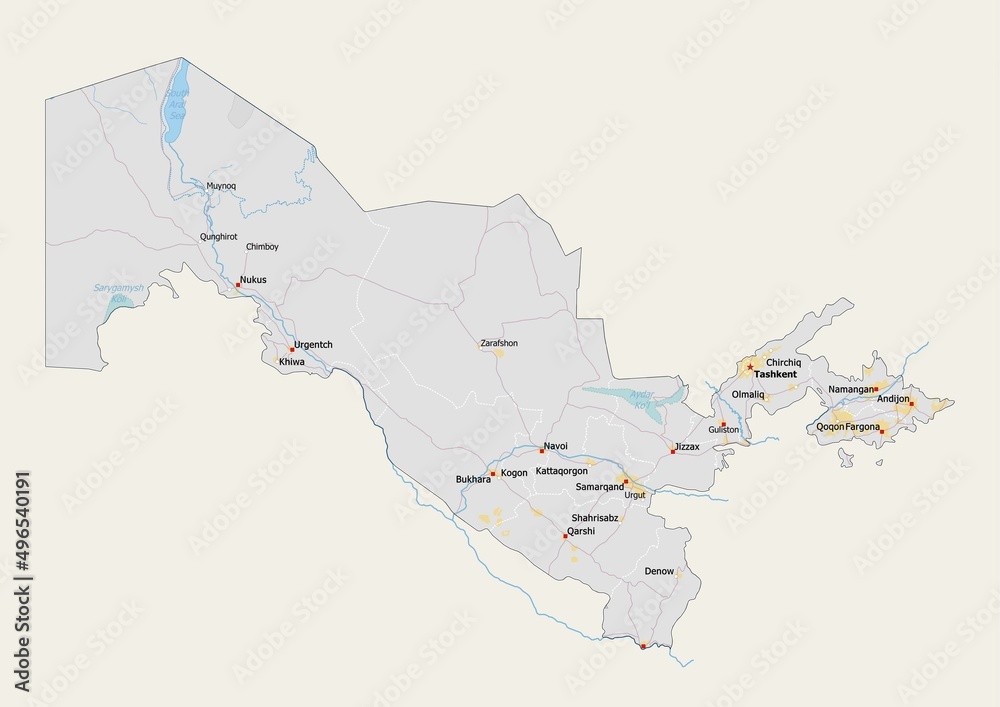 Isolated map of Uzbekistan with capital, national borders, important ...