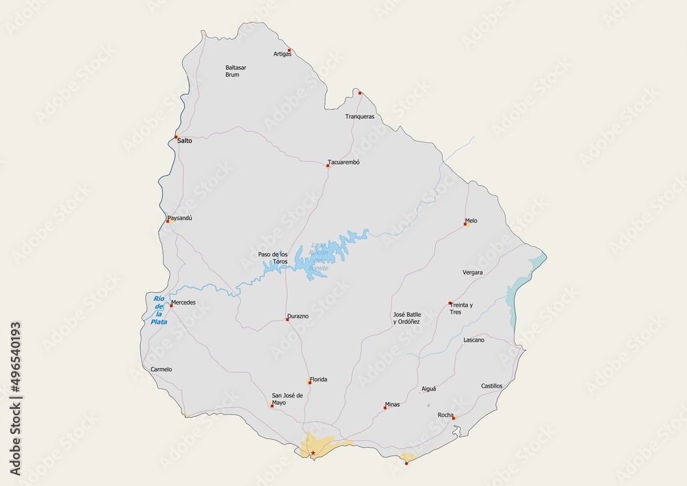 Isolated map of Uruguay with capital, national borders, important ...