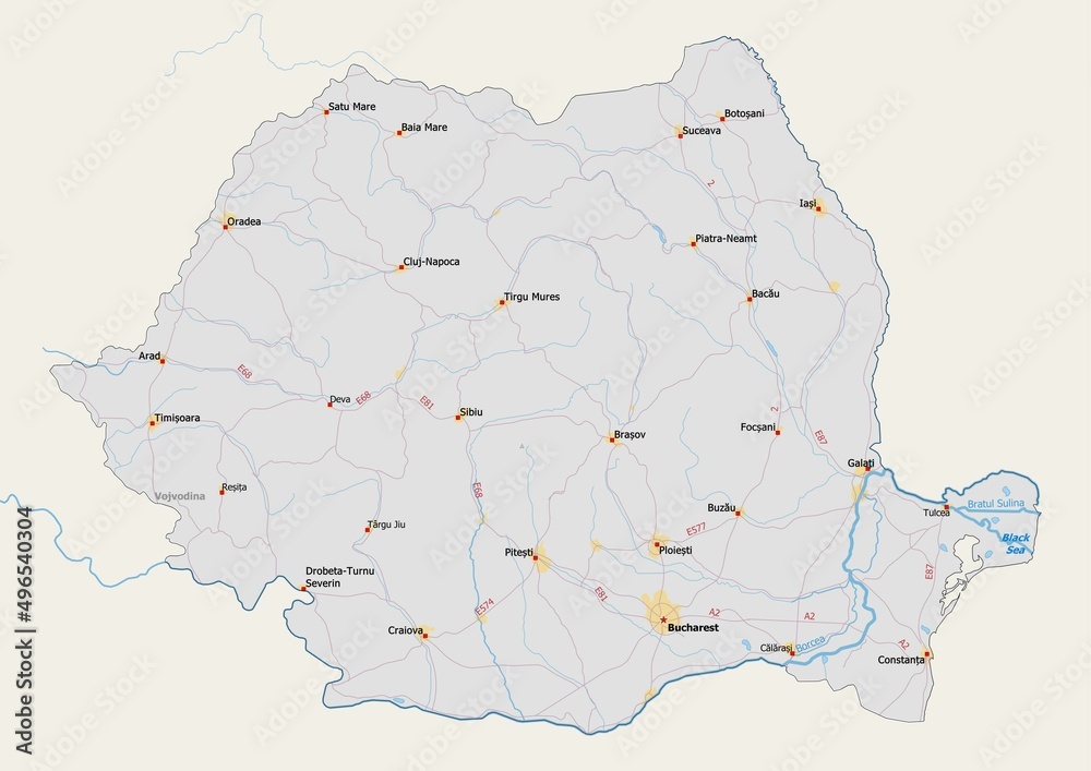 Isolated map of Romania with capital, national borders, important ...