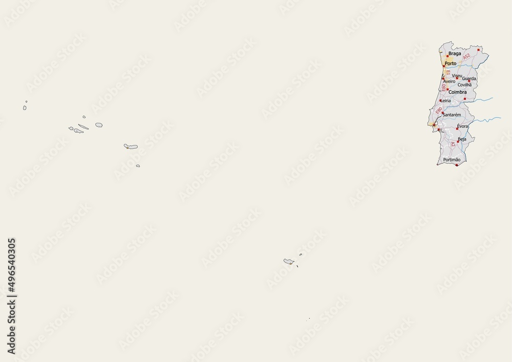 Isolated map of Portugal with capital, national borders, important ...