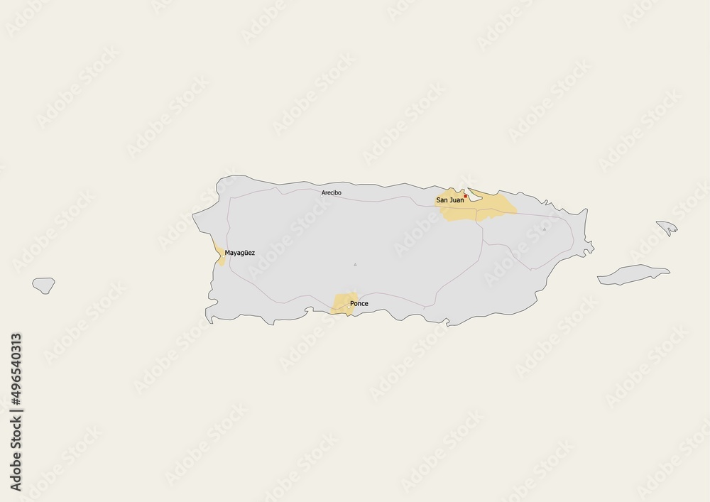 Isolated map of Puerto Rico with capital, national borders, important ...