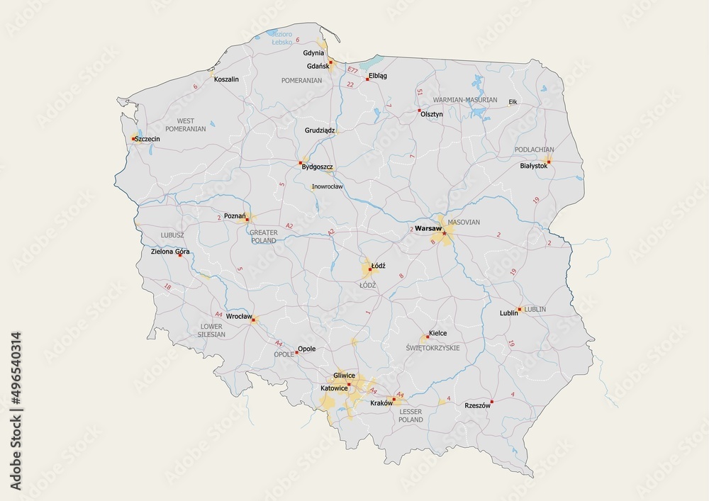 Isolated map of Poland with capital, national borders, important cities ...