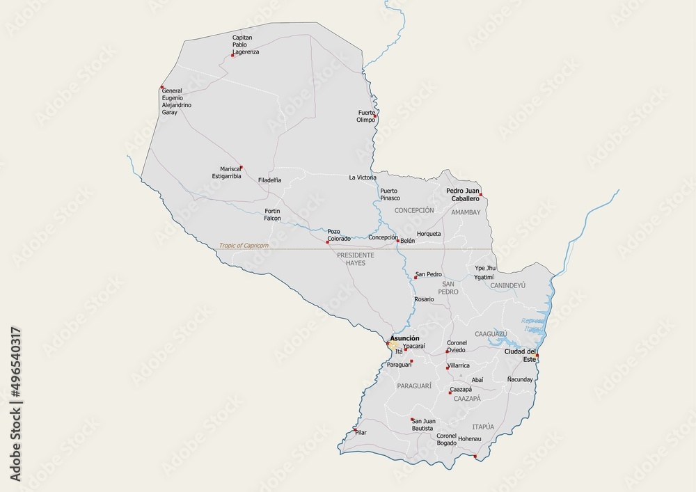 Isolated map of Paraguay with capital, national borders, important ...