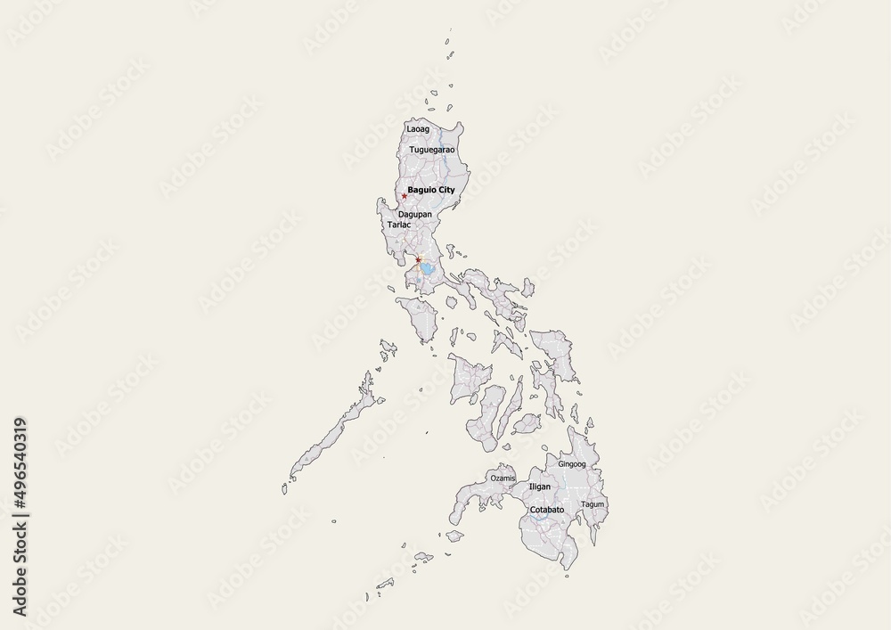 Isolated map of Philippines with capital, national borders, important ...