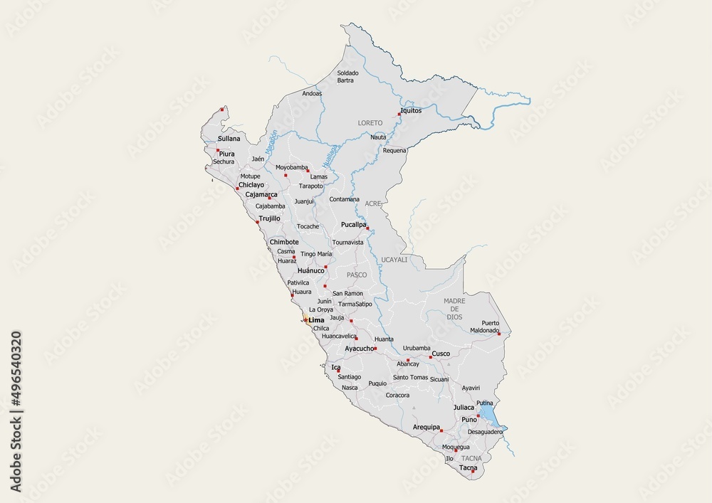 Isolated map of Peru with capital, national borders, important cities ...