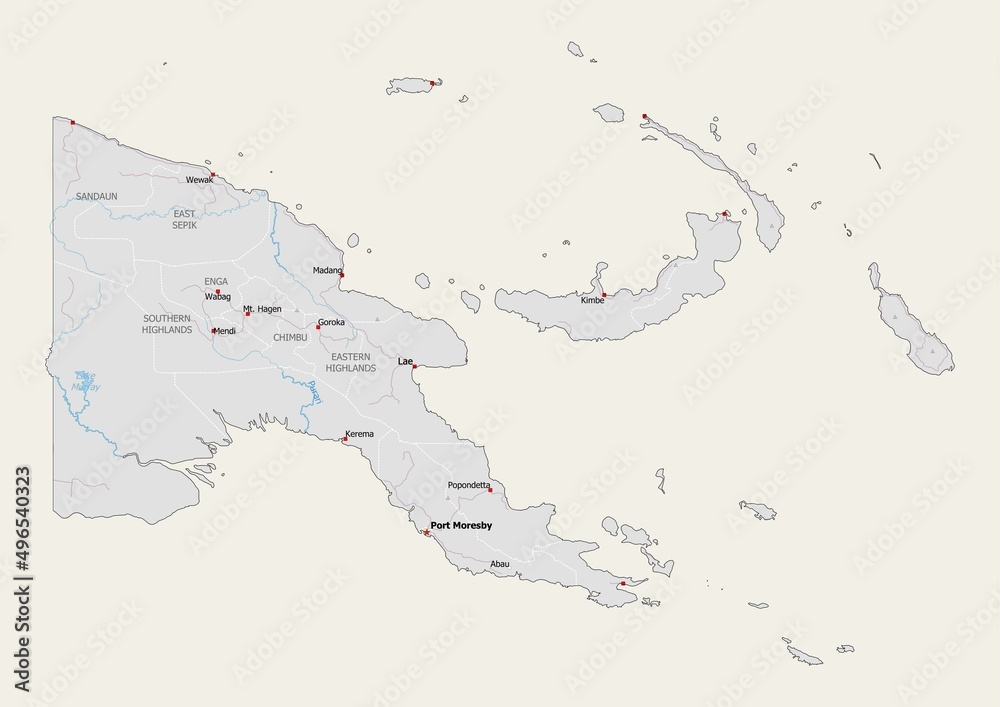 Isolated map of Papua New Guinea with capital, national borders ...