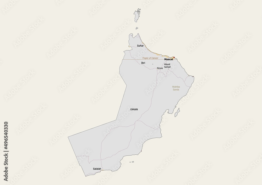 Isolated map of Oman with capital, national borders, important cities ...