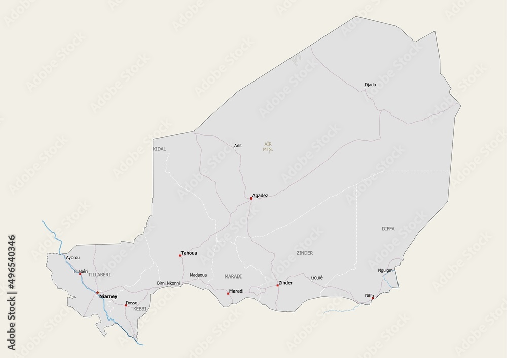 Isolated map of Niger with capital, national borders, important cities ...