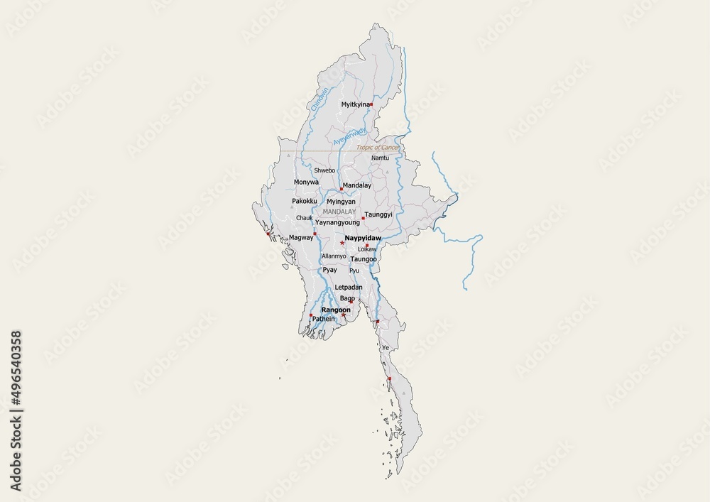 Isolated map of Myanmar with capital, national borders, important ...