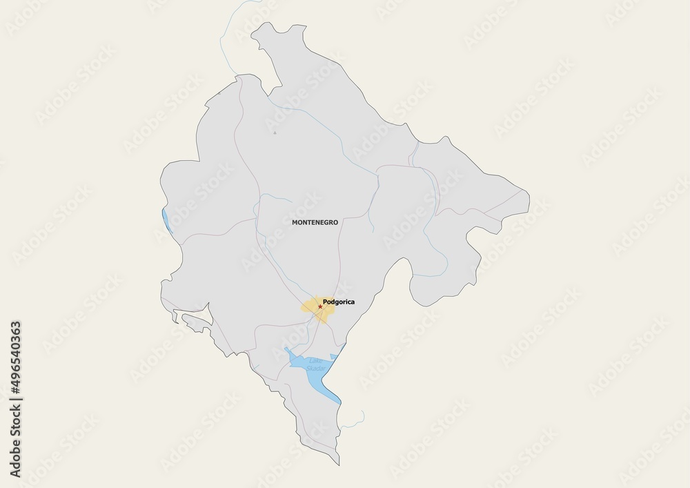 Isolated map of Montenegro with capital, national borders, important ...
