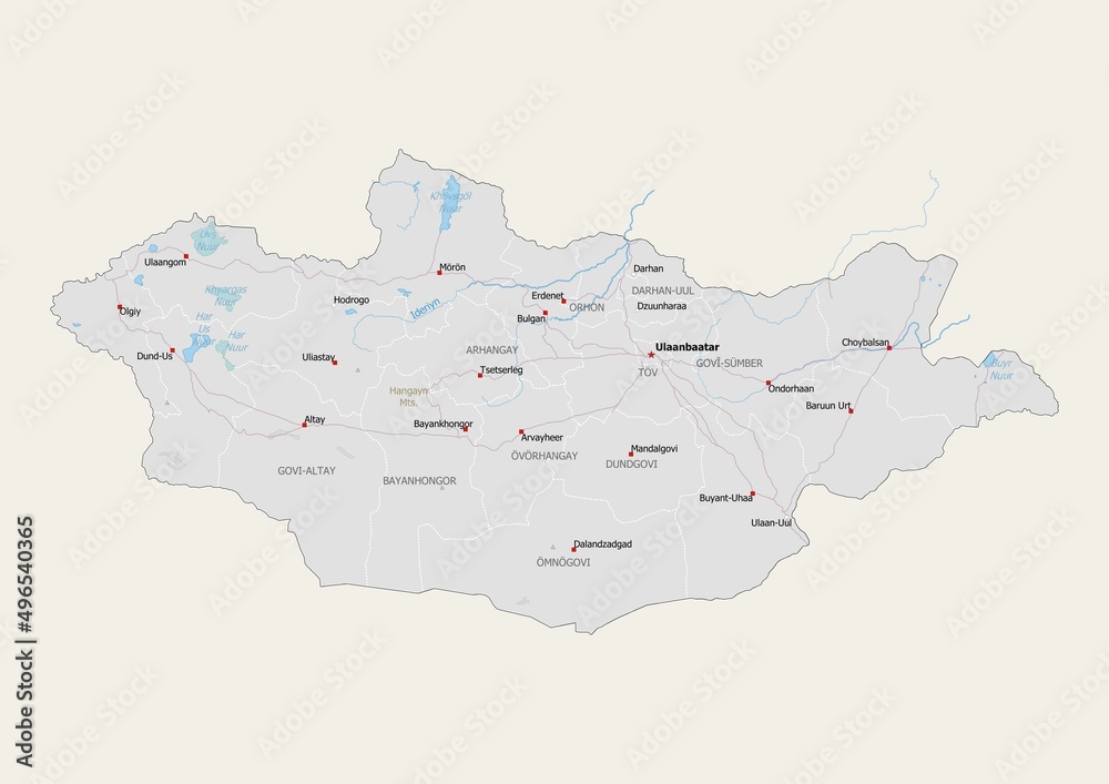 Isolated map of Mongolia with capital, national borders, important ...