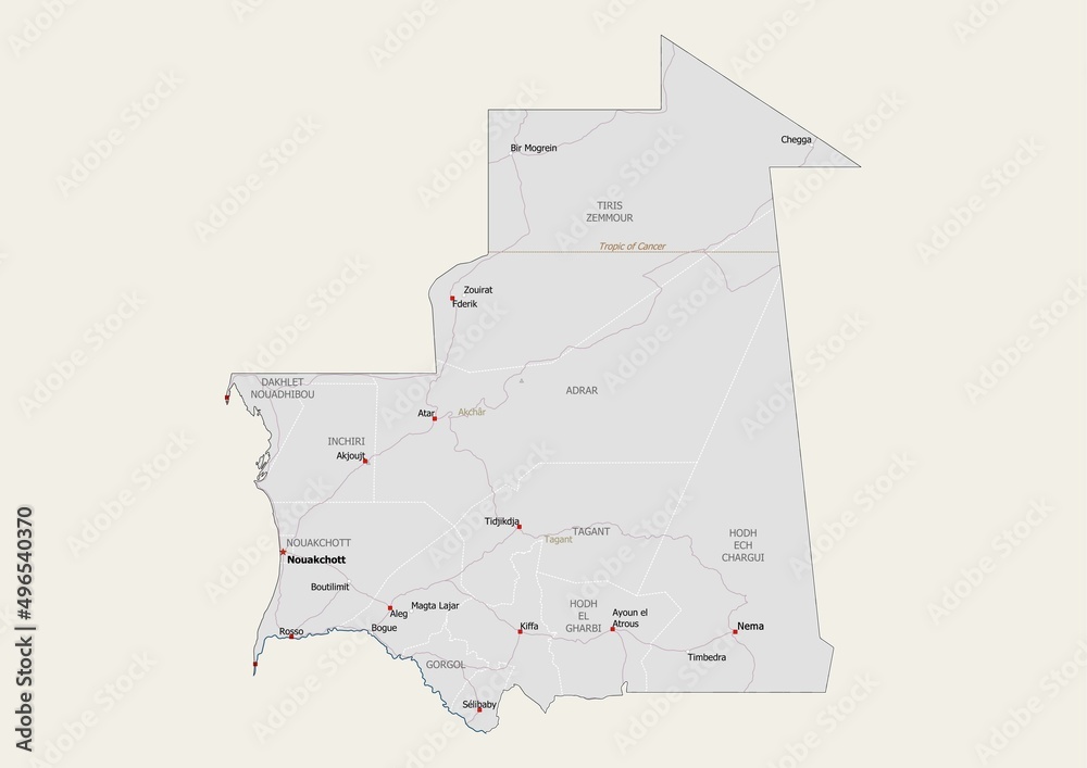 Isolated map of Mauritania with capital, national borders, important ...
