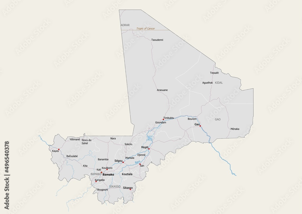Fototapeta Isolated map of Mali with capital, national borders ...