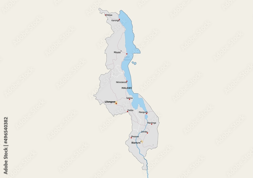 Isolated map of Malawi with capital, national borders, important cities ...