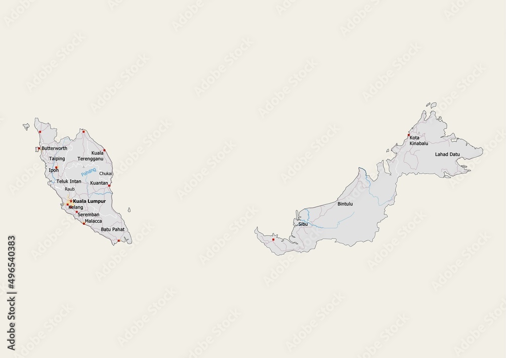 Isolated map of Malaysia with capital, national borders, important ...