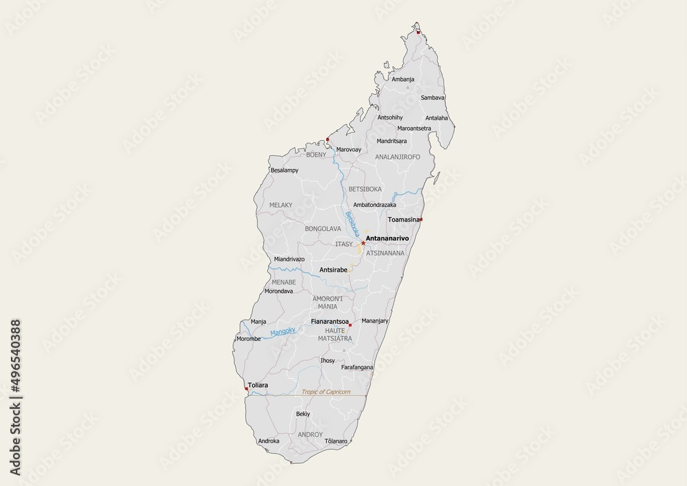 Isolated map of Madagascar with capital, national borders, important ...