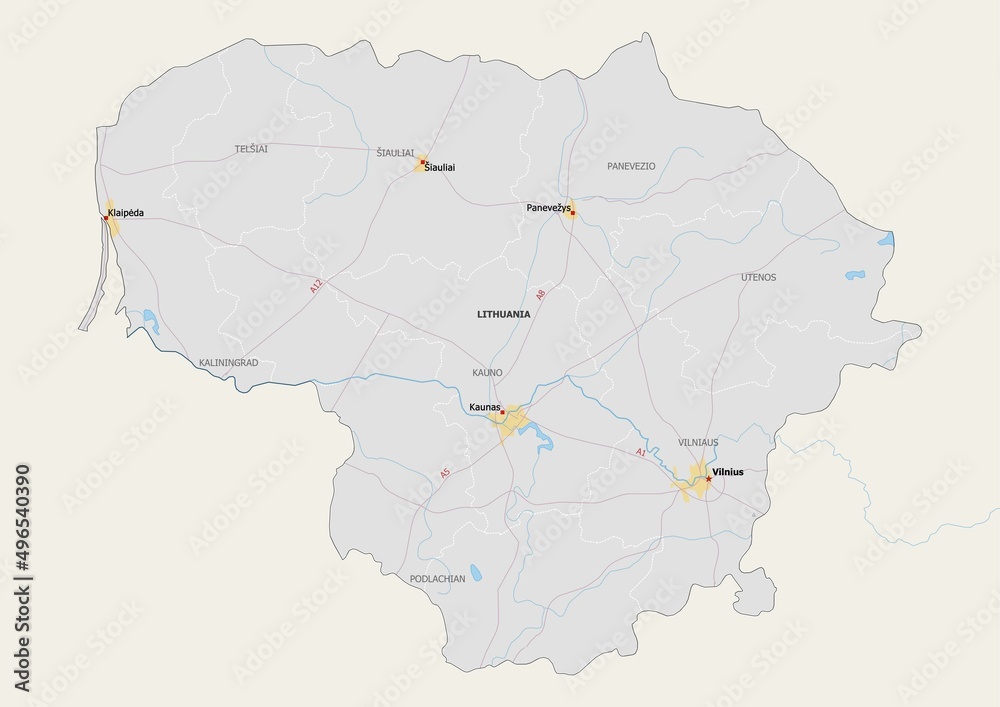 Isolated map of Lithuania with capital, national borders, important ...