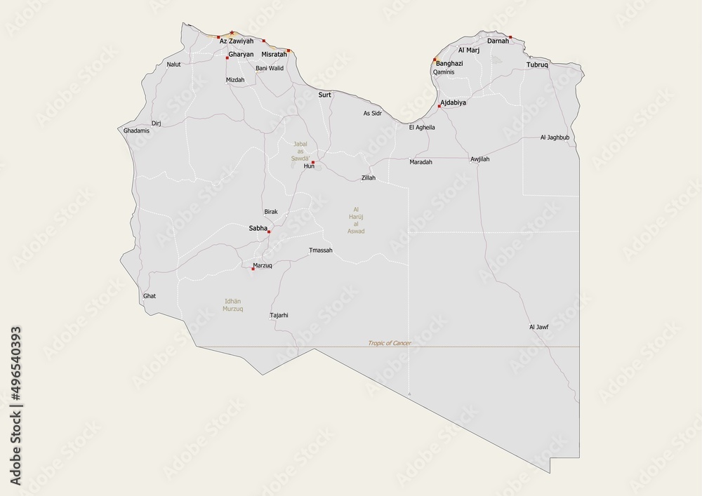 Isolated map of Libya with capital, national borders, important cities ...