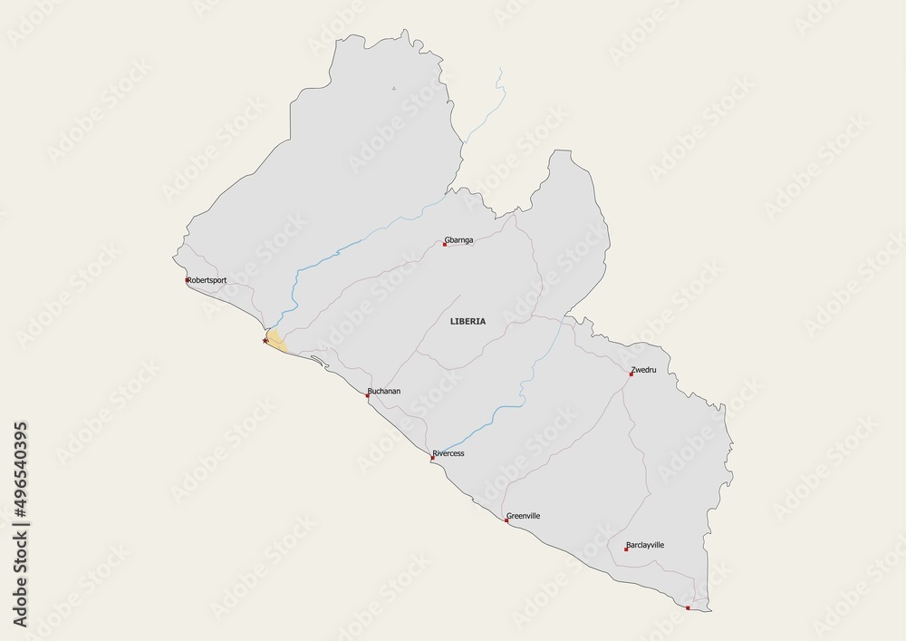 Isolated map of Liberia with capital, national borders, important ...