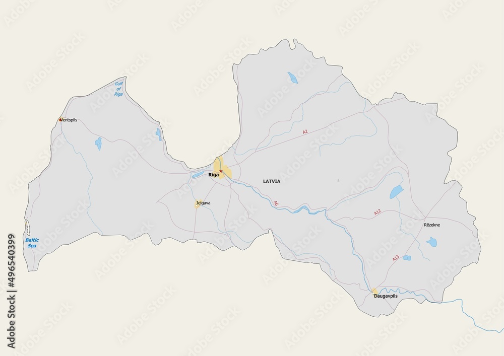 Isolated map of Latvia with capital, national borders, important cities ...