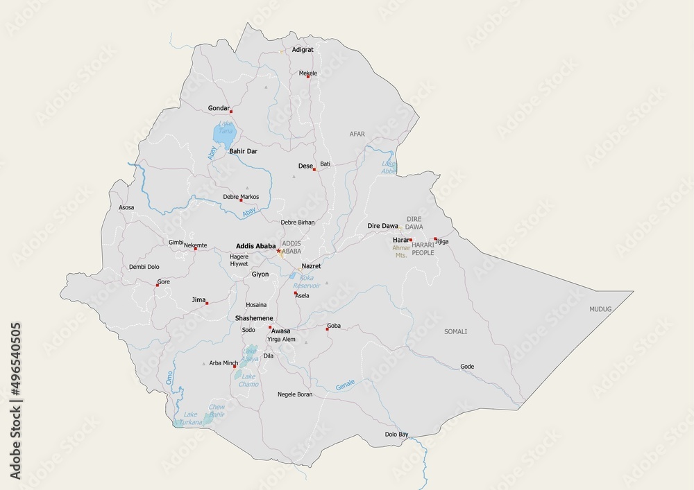 Isolated map of Ethiopia with capital, national borders, important ...