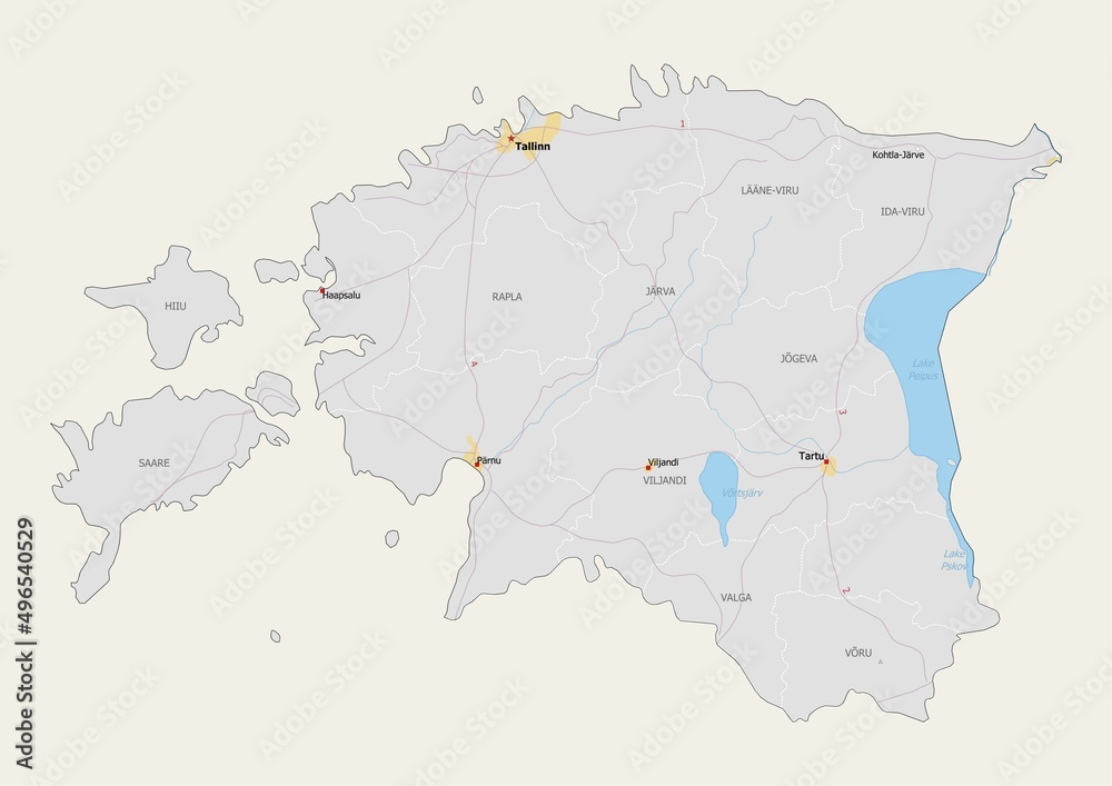 Isolated map of Estonia with capital, national borders, important ...