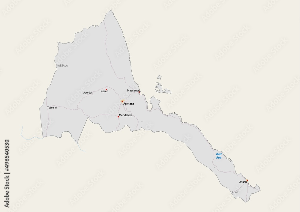 Isolated map of Eritrea with capital, national borders, important ...