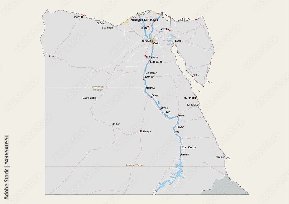 Isolated map of Egypt with capital, national borders, important cities ...
