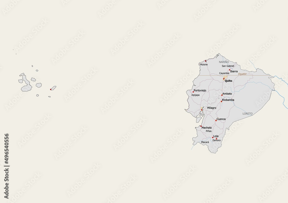 Isolated map of Ecuador with capital, national borders, important ...