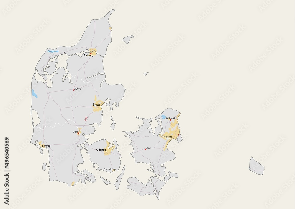 Isolated map of Denmark with capital, national borders, important ...