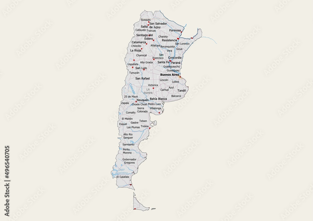 Isolated map of Argentina with capital, national borders, important ...