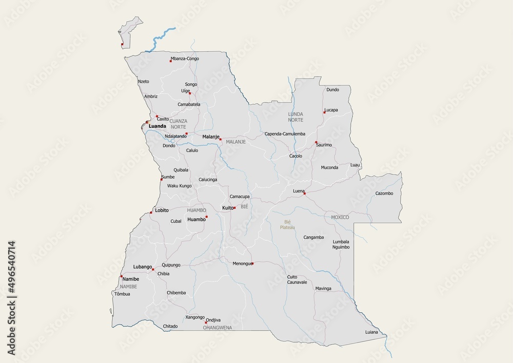 Isolated map of Angola with capital, national borders, important cities ...
