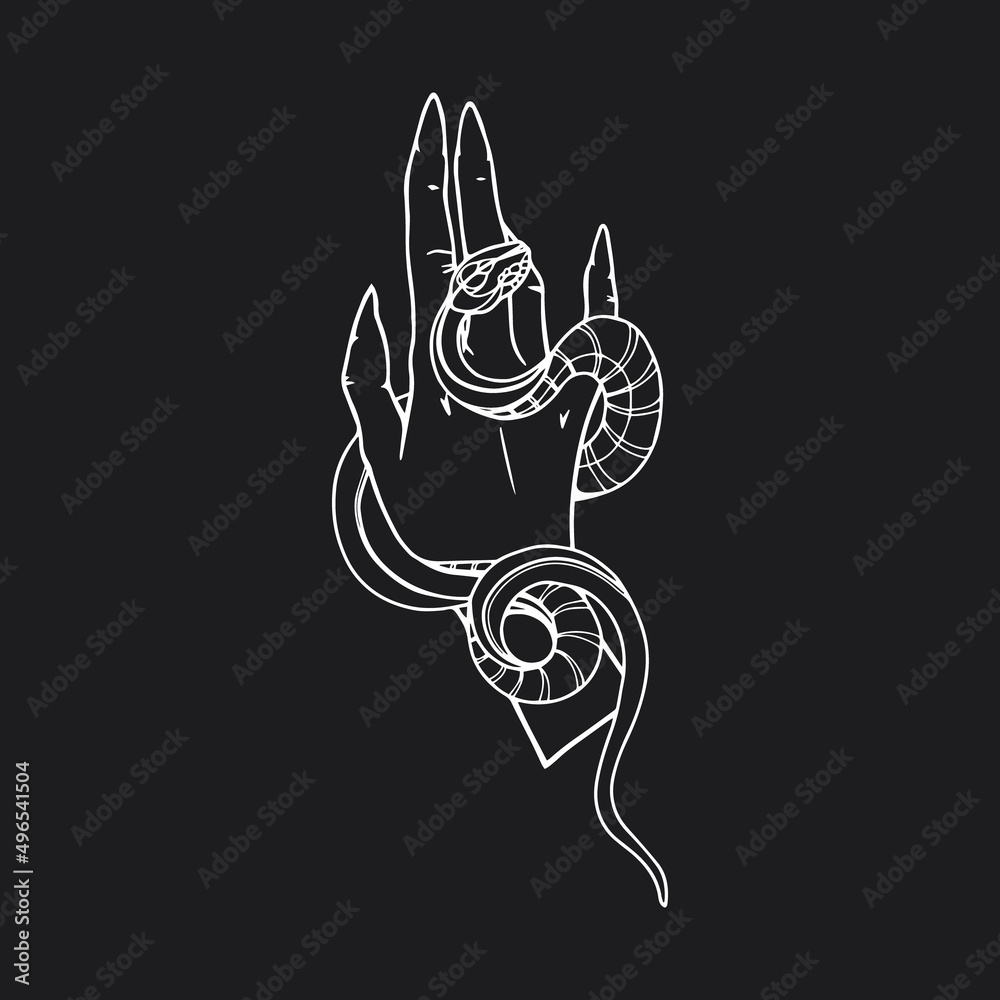 Hand Drawn Witch Hands with Snake, Vector Line Art Female Hand. Mystic ...