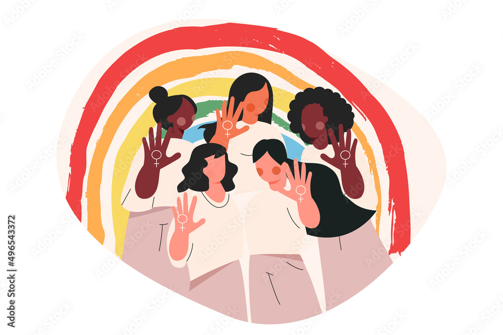 Women right and power. Lgbt diverse female team with rainbow. Feminism ...