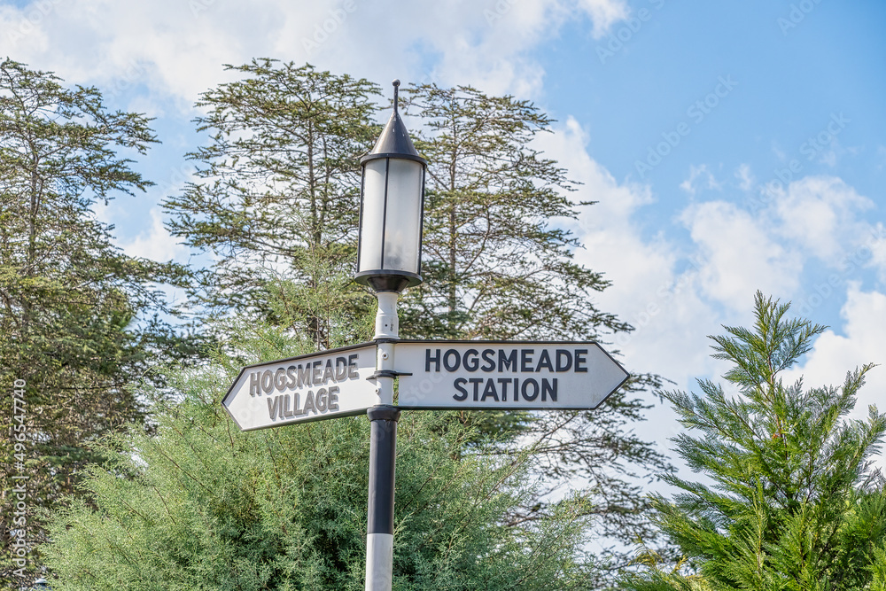 Sign pointing th Hogsmead village and station at Harry potter Islands ...