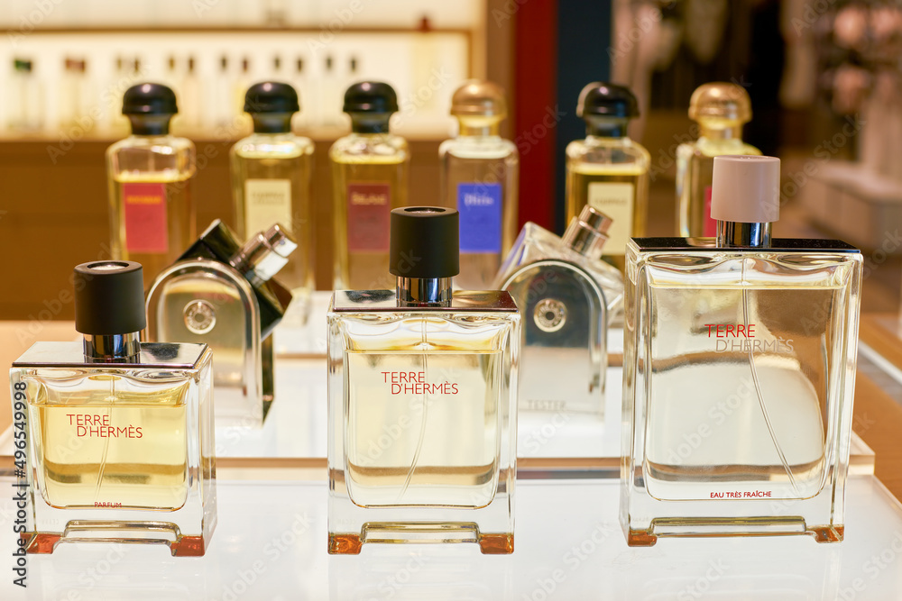 ROME, ITALY - CIRCA NOVEMBER, 2017: bottles of Hermes fragrance sit on ...