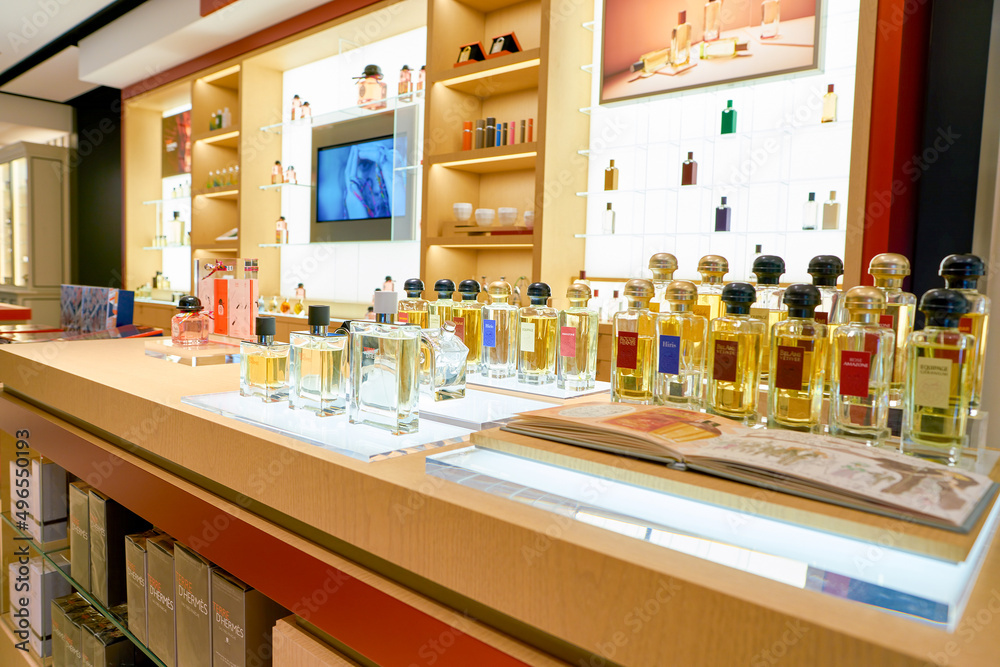 ROME, ITALY - CIRCA NOVEMBER, 2017: bottles of Hermes fragrance sit on ...