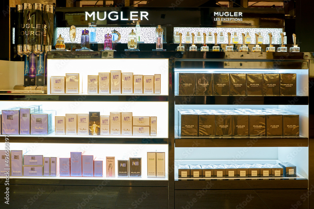 ROME, ITALY - CIRCA NOVEMBER, 2017: bottles of Mugler fragrance sit on ...