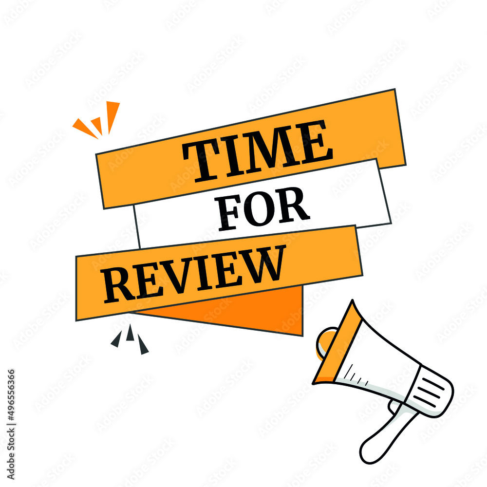 Male hand holding megaphone with time for review speech bubble ...