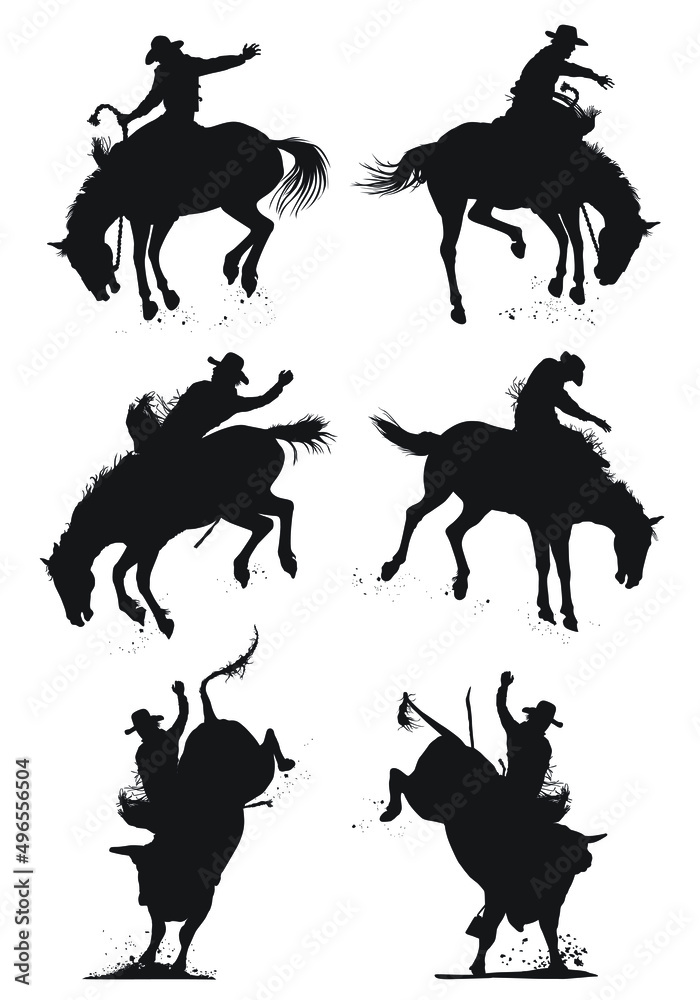 Vector silhouettes of a rodeo cowboy riding a bucking bronc and a bull ... Vector silhouettes of a rodeo cowboy riding a bucking bronc and a bull ...
