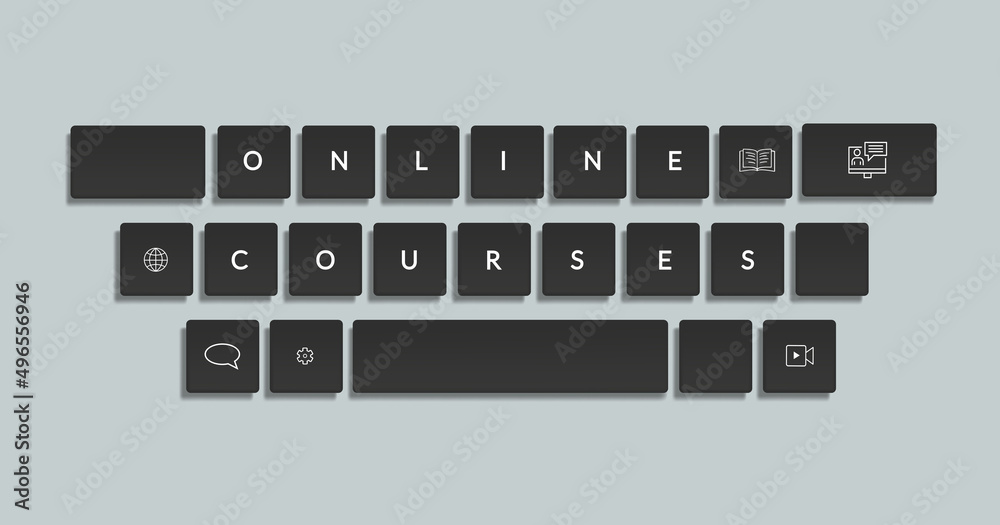 E-learning vector concept design. Online courses text in keyboard keys ...