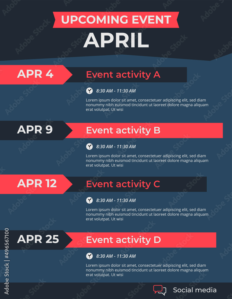Upcoming Monthly Event Schedule Flyer Poster Template Stock Vector 