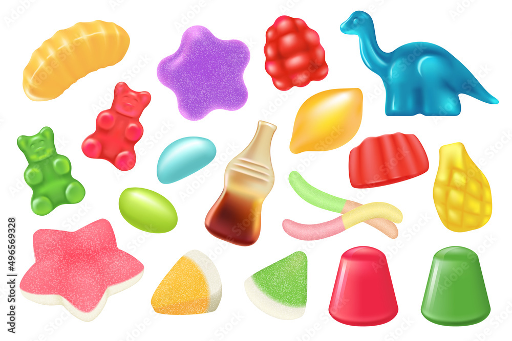 Gummy jelly candy set vector illustration. 3d cute sweet characters ...
