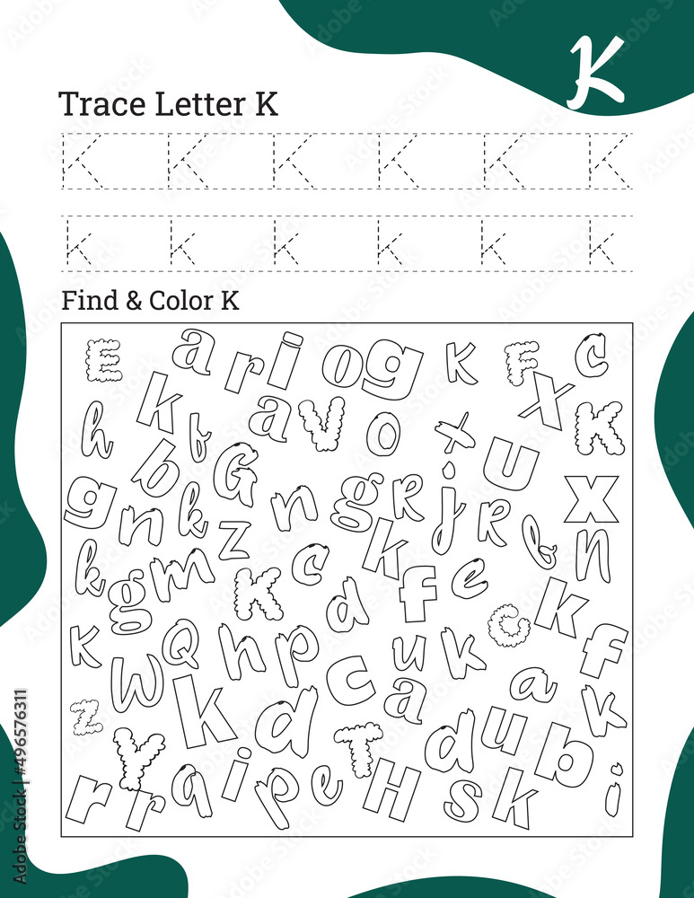 English alphabet letter K tracing line printable worksheet with cute ...