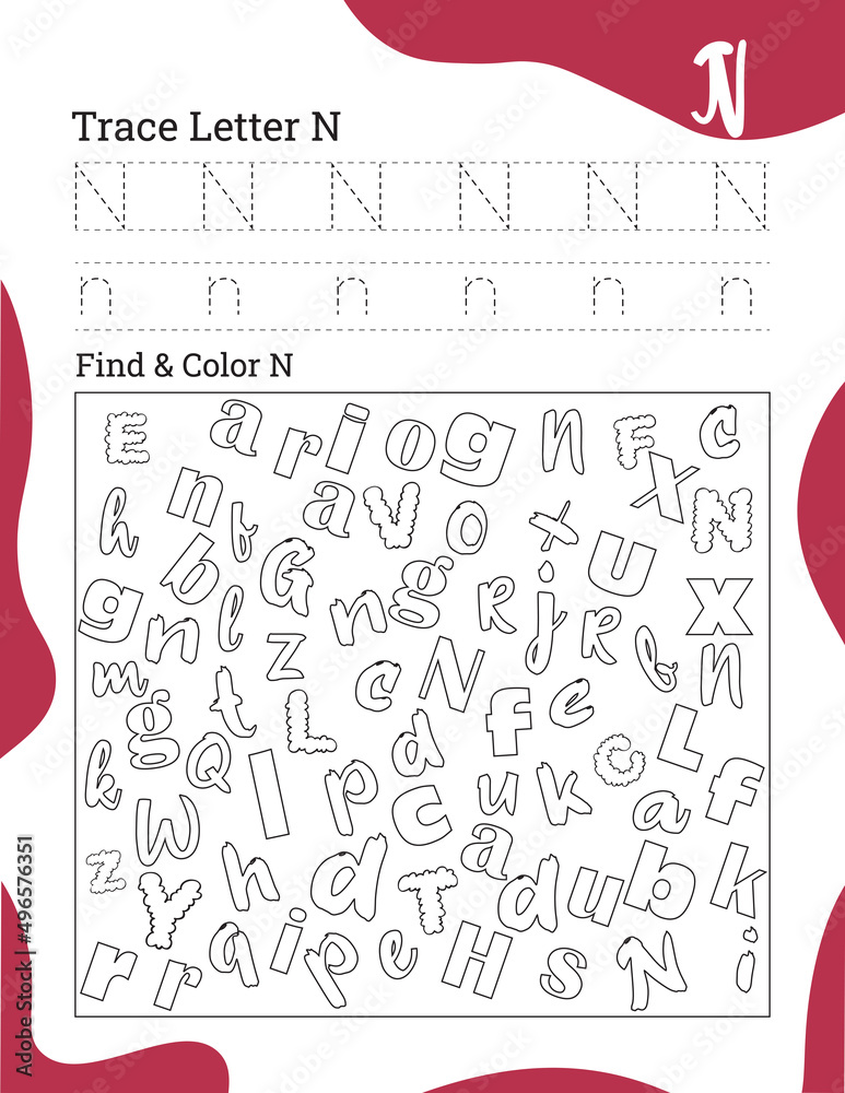 English alphabet letter N tracing line printable worksheet with cute ...