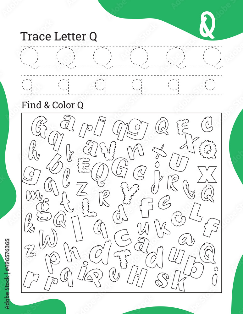 English alphabet letter Q tracing line printable worksheet with cute ...