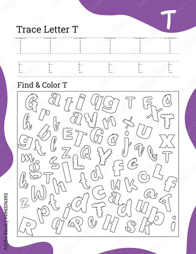 English alphabet letter T tracing line printable worksheet with cute ...