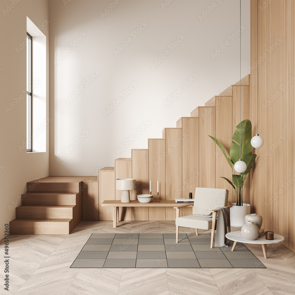 Chill room interior with chair and shelf with decoration, staircase and ...