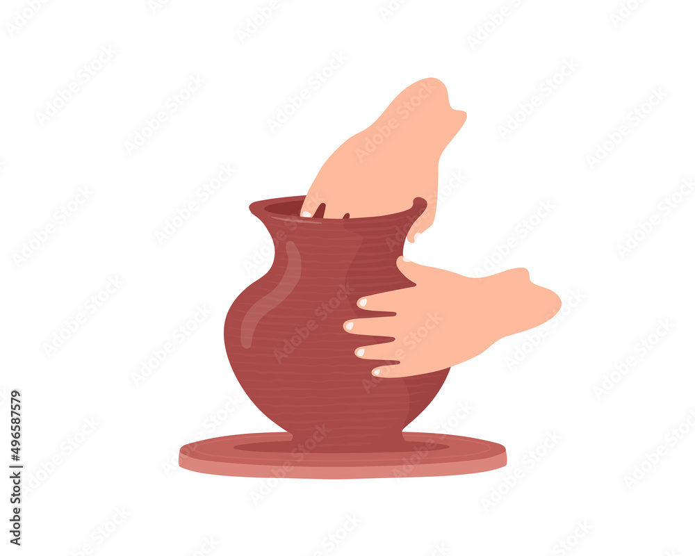 Making a pot. The potter creates a clay vessel. Handmade work. Workshop ...